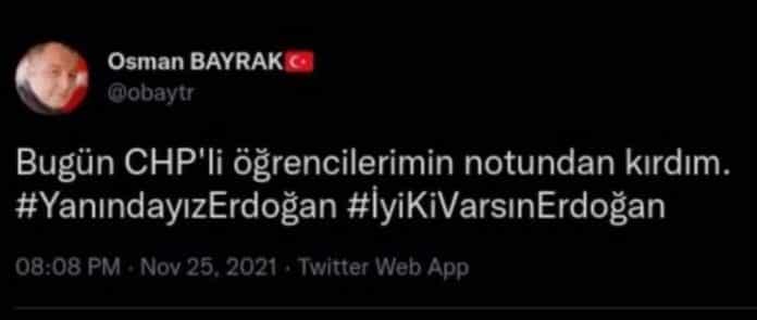 Öğretmenden skandal paylaşım: Bugün CHP’li öğrencilerin notundan kırdım. Yanındayız Erdoğan